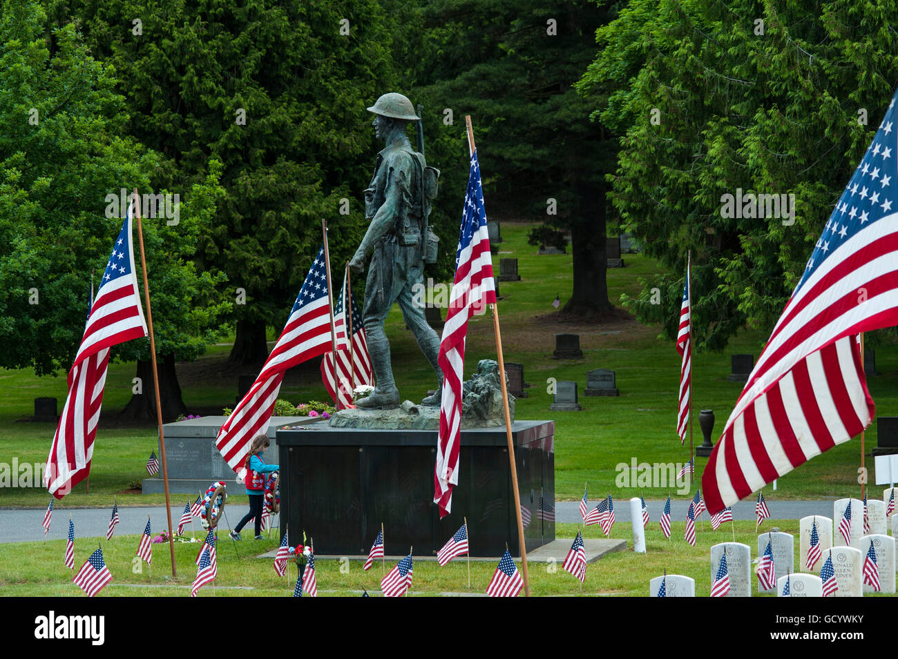 Memorial Day Ceremony at cemetery with American Flags military ...