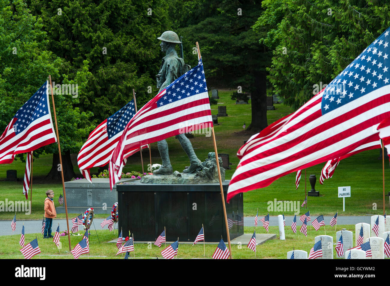 Memorial Day Ceremony at cemetery with American Flags military ...