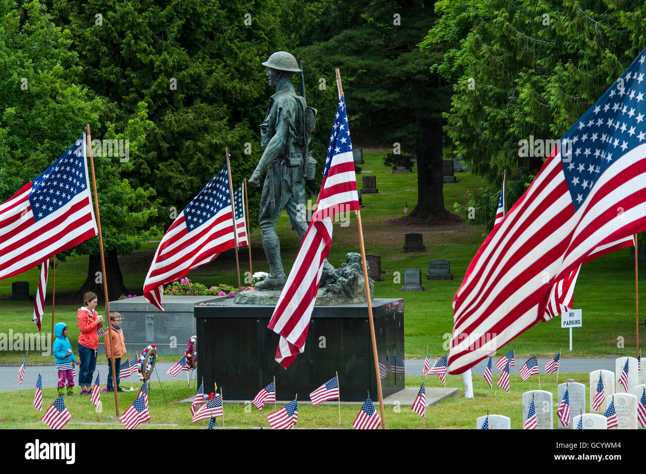 Memorial Day Ceremony at cemetery with American Flags military ...