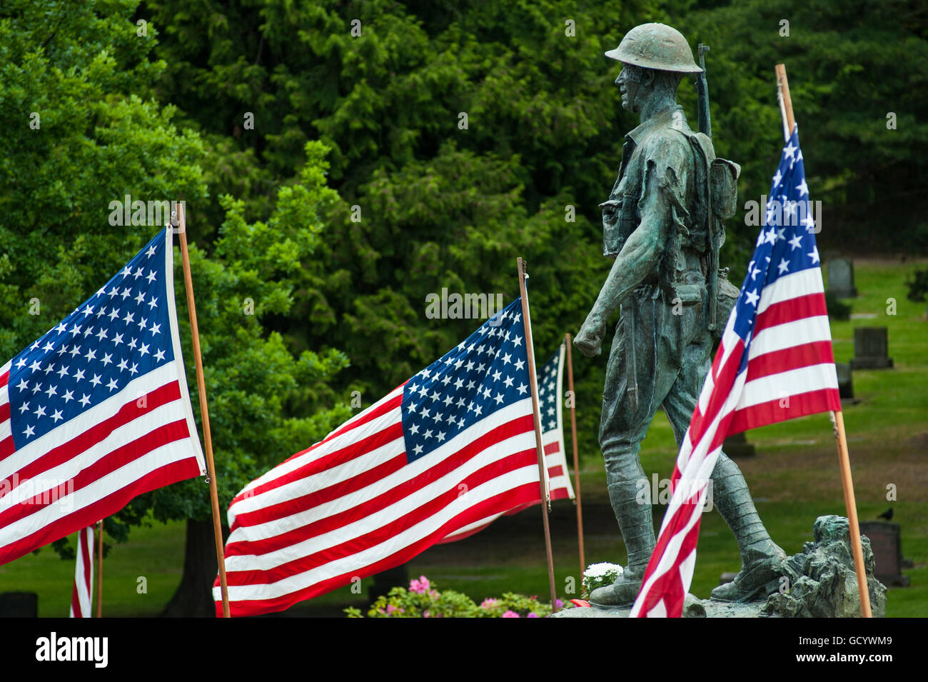 Memorial Day Ceremony at cemetery with American Flags military ...