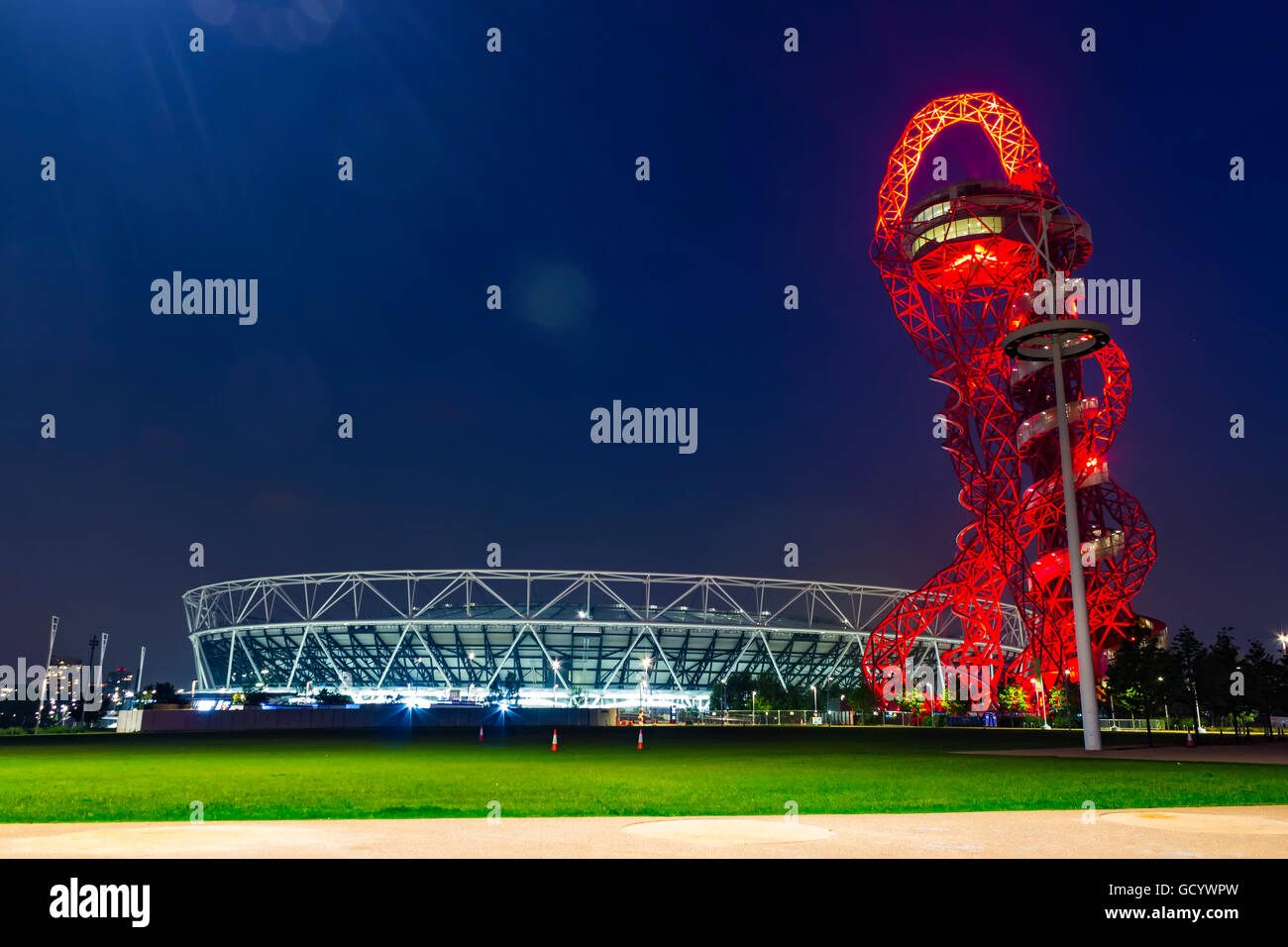 London, England - May 27, 2016: Night view of the illuminated Olympic ...