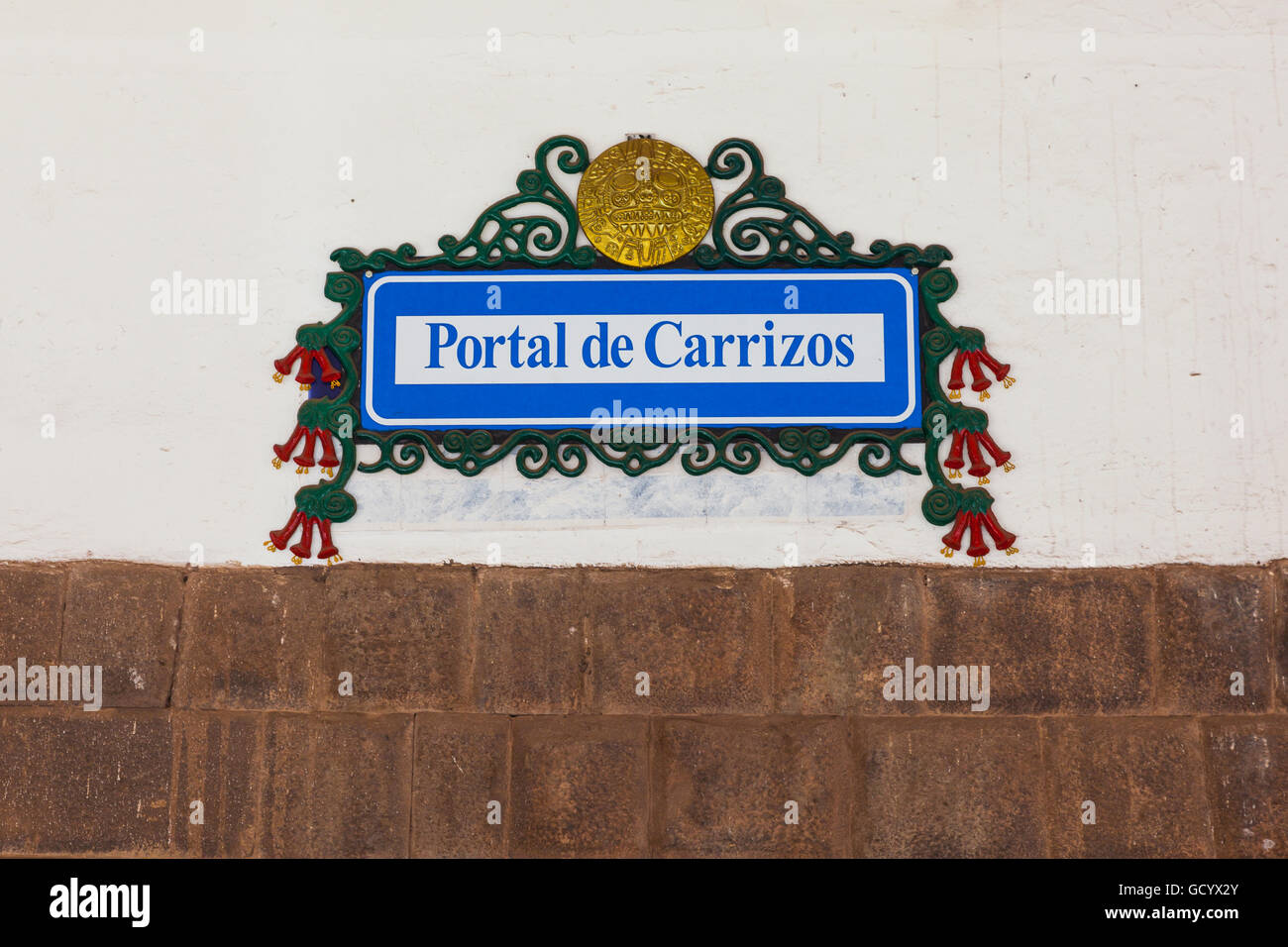 Cusco street sign with the national flower of Peru called Cantuta Stock ...