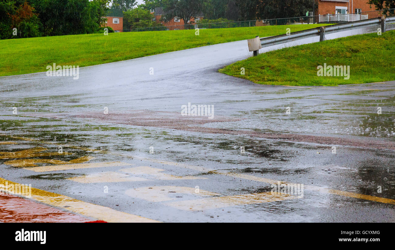 Road rain water drops background with blue sky reflection and water ...