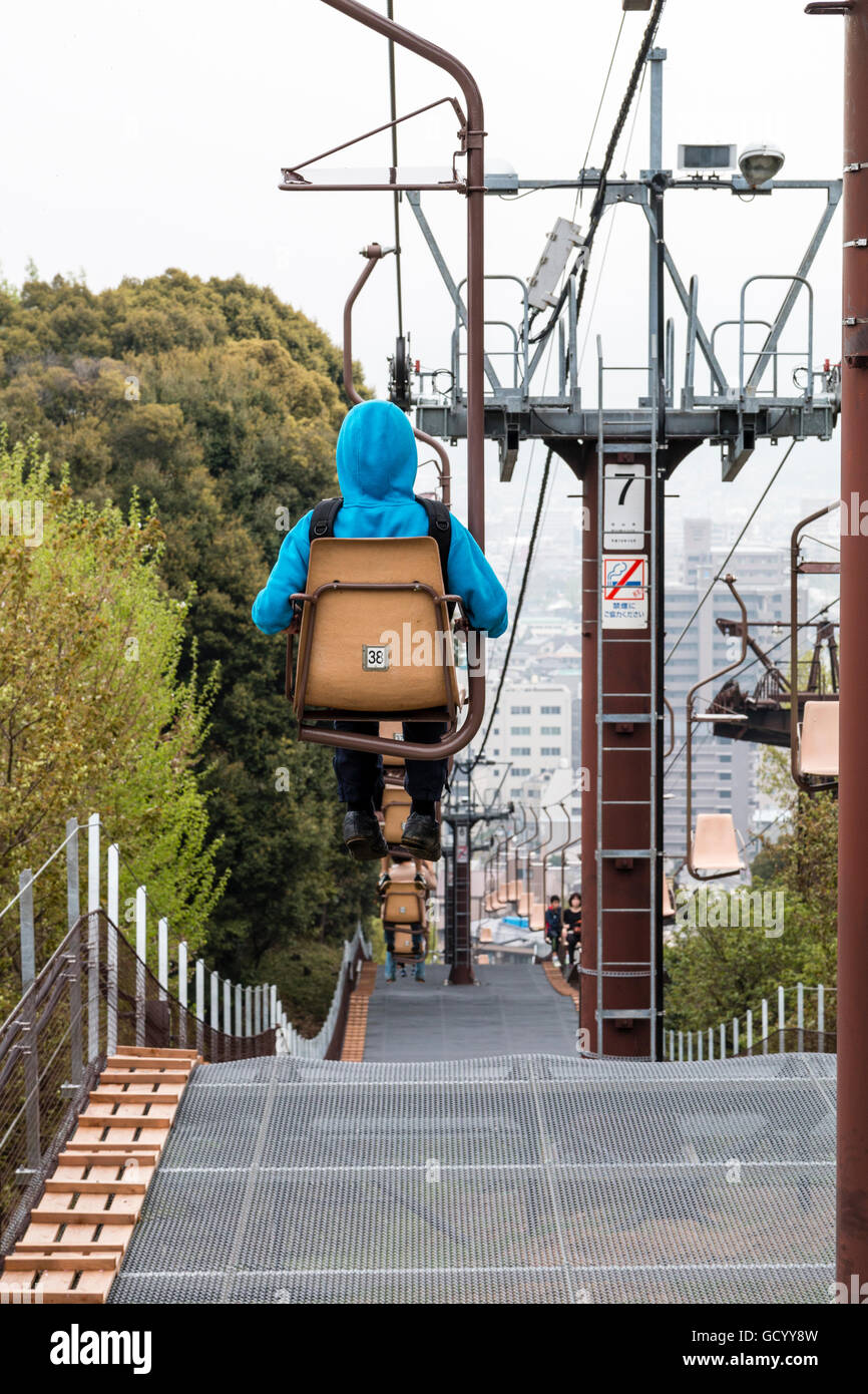 Japan, Iyo Matsuyama castle. Ropeway, chair-lift, on and view along ...