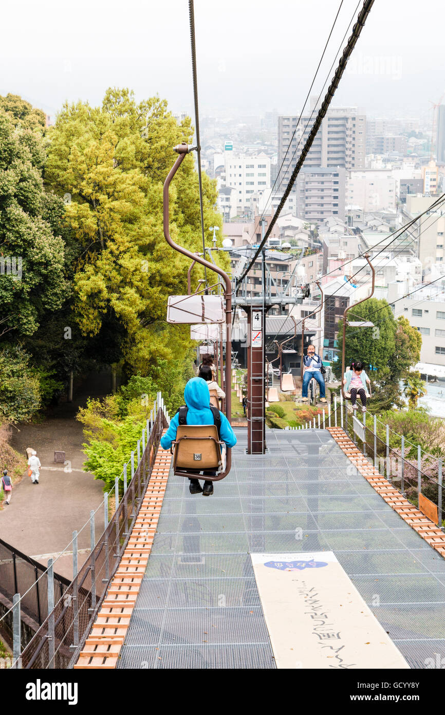 Japan, Iyo Matsuyama castle. Ropeway, chair-lift, on and view along ...