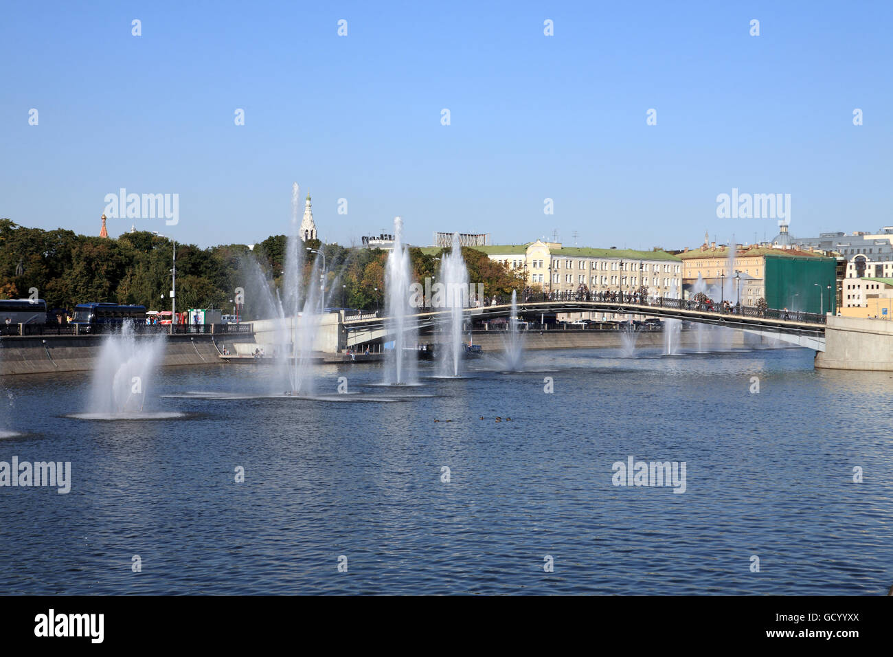 many fountain on river Stock Photo - Alamy