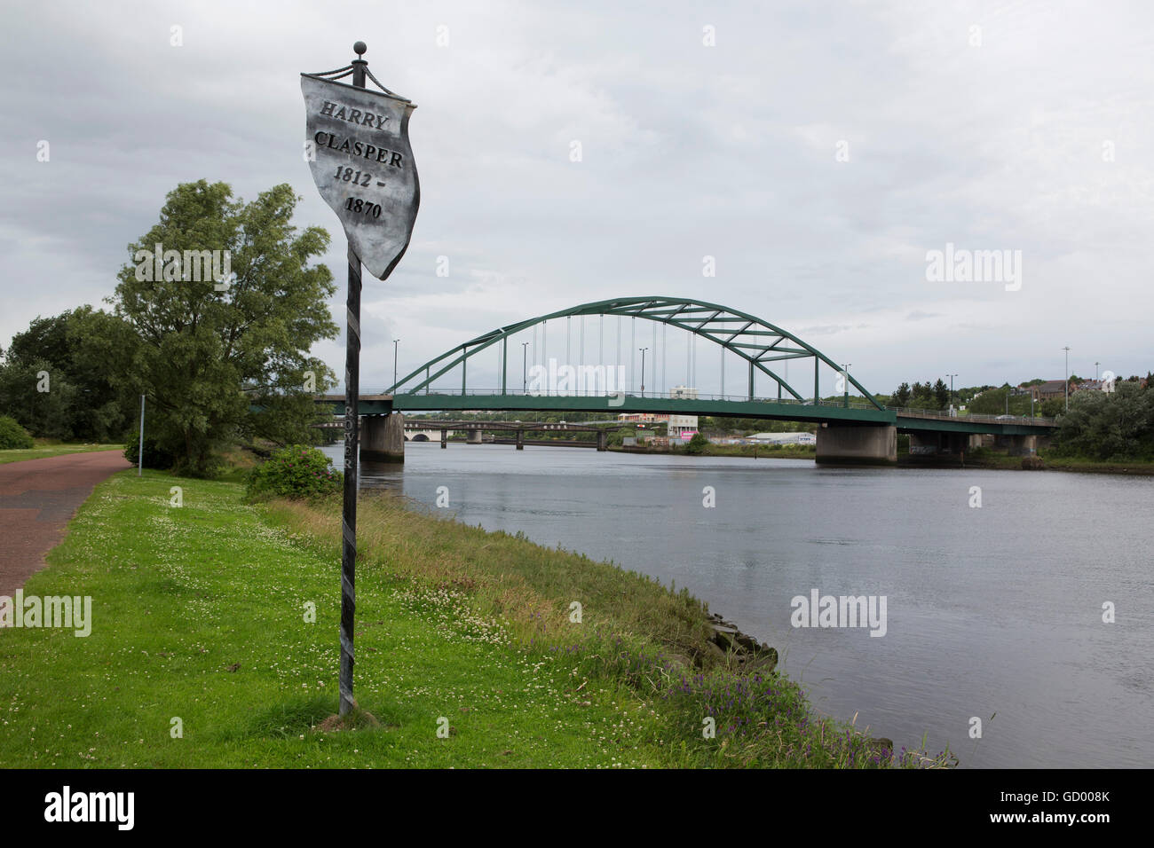 A sign in memory of the rower Harry Clasper by the River Tyne in North ...