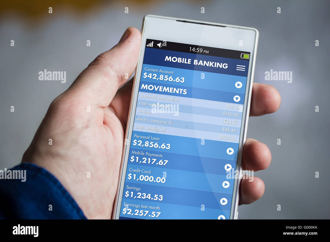 man hand holding mobile banking smartphone. All screen graphics are ...