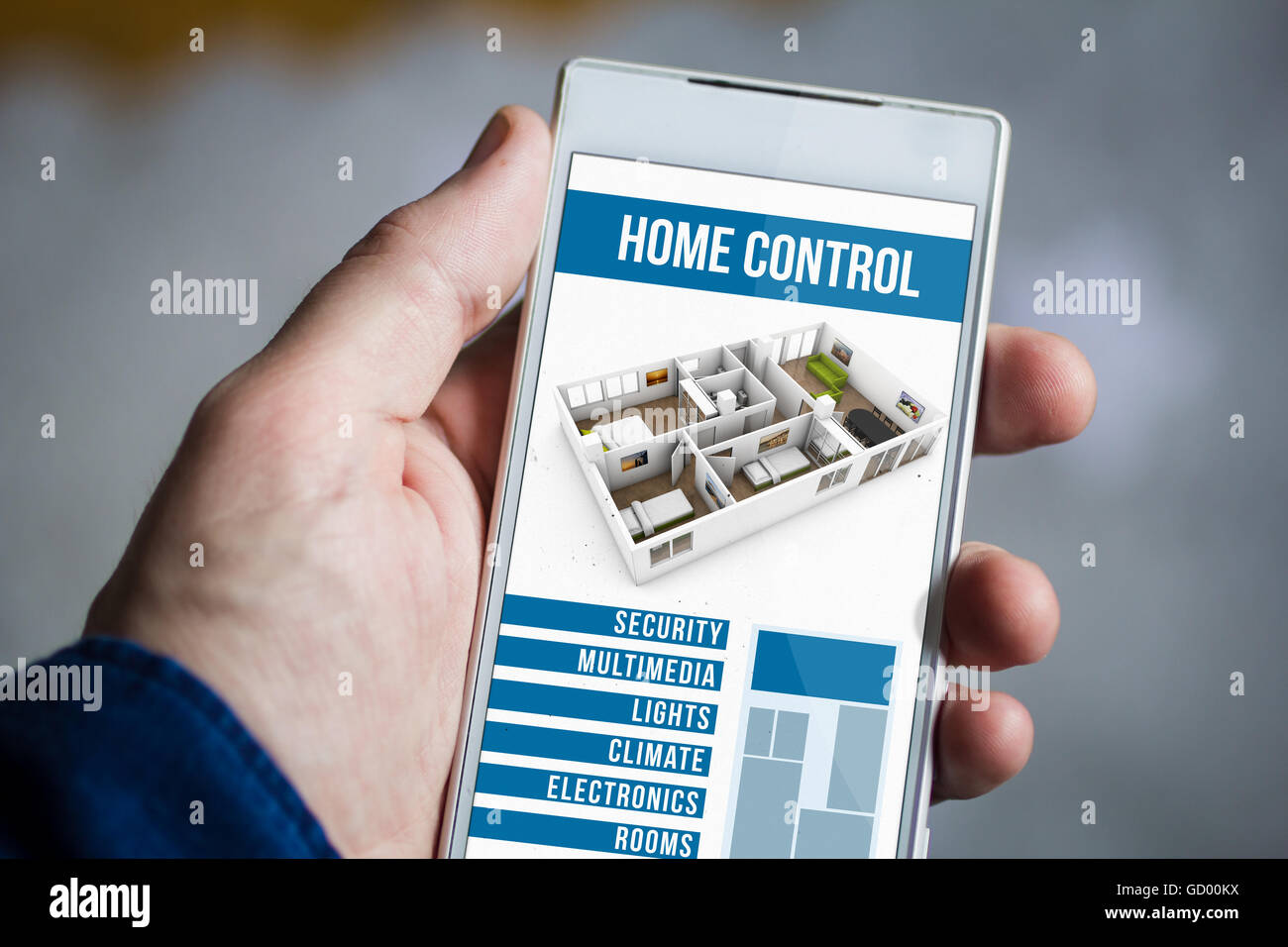 man hand holding home control smartphone. All screen graphics are made ...