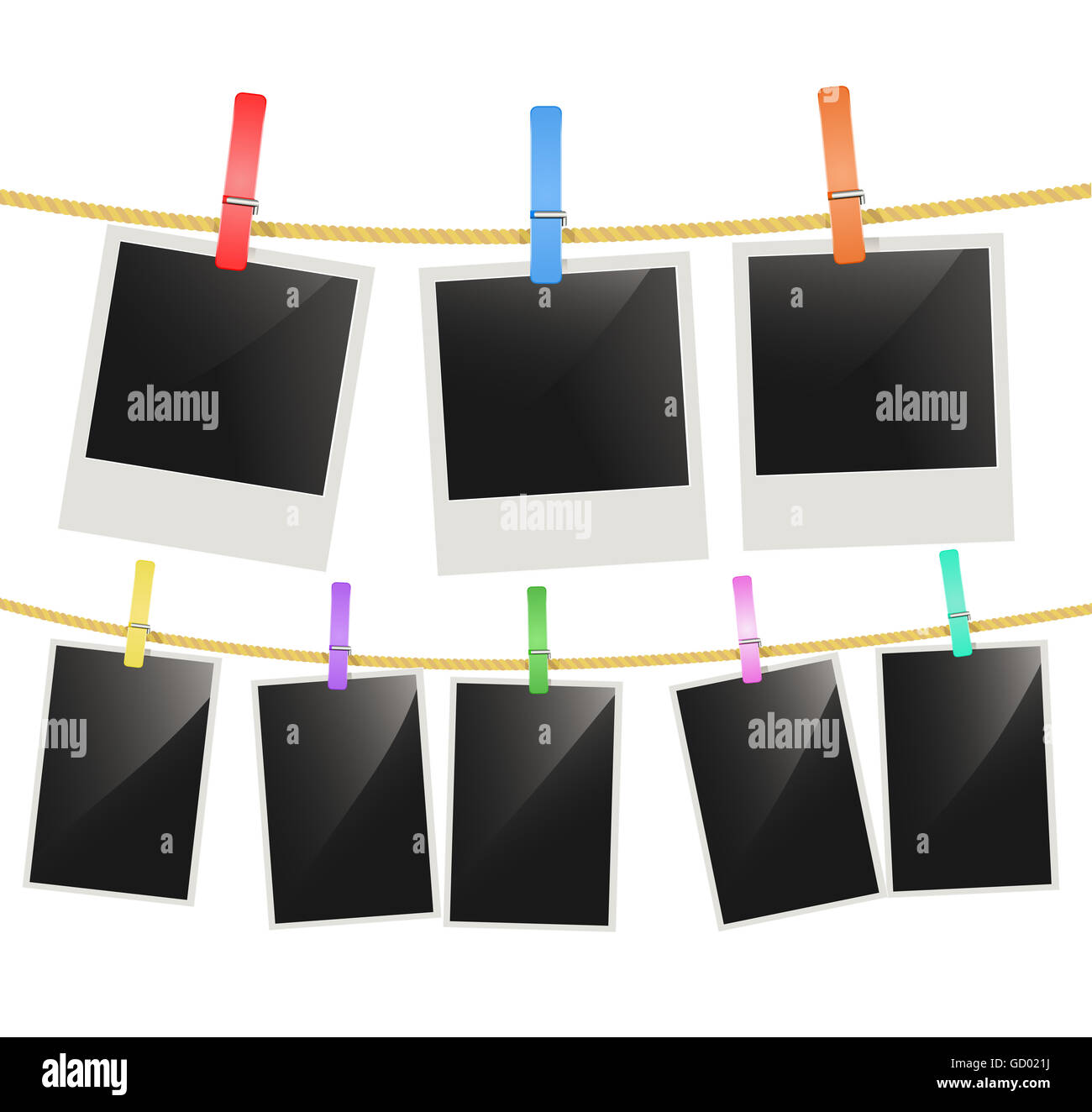 Photo frames hanging on a rope with multi color clothespins. Blank ...