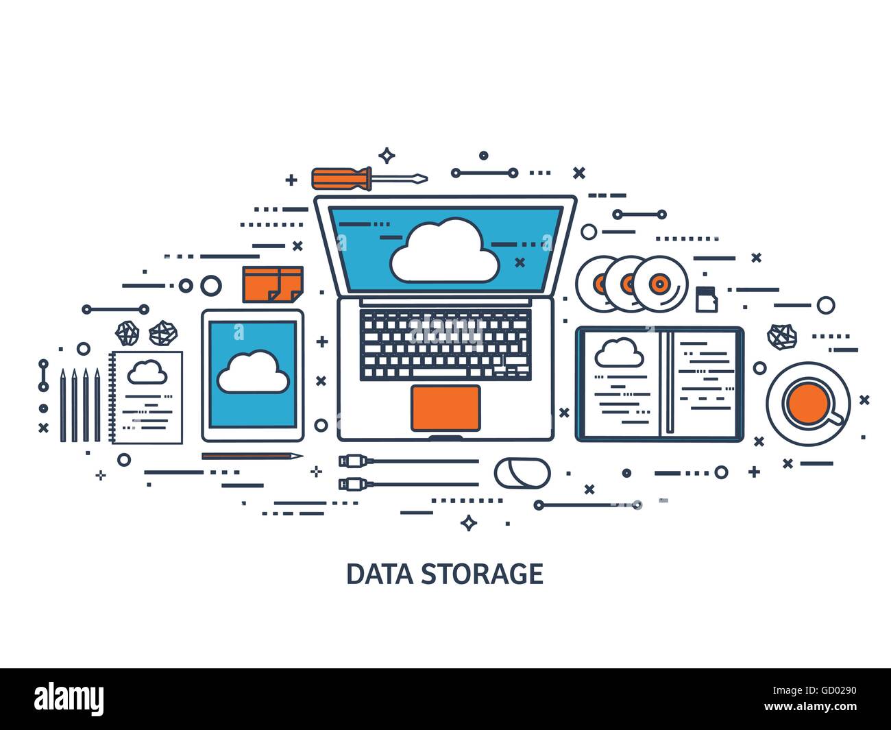 Vector illustration. Workplace, table with documents, computer. Flat cloud computing background ...