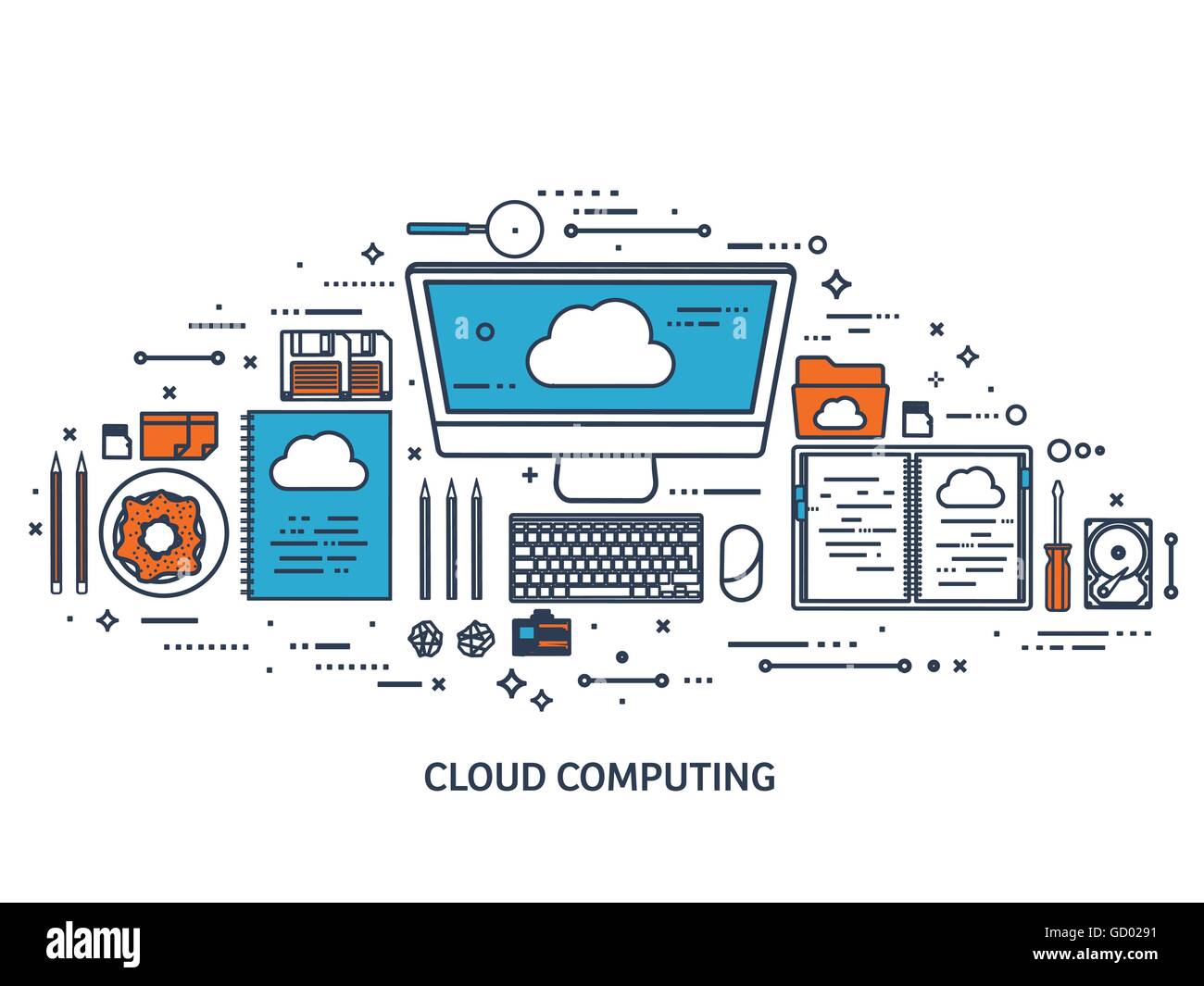 Vector illustration. Workplace, table with documents, computer. Flat cloud computing background ...