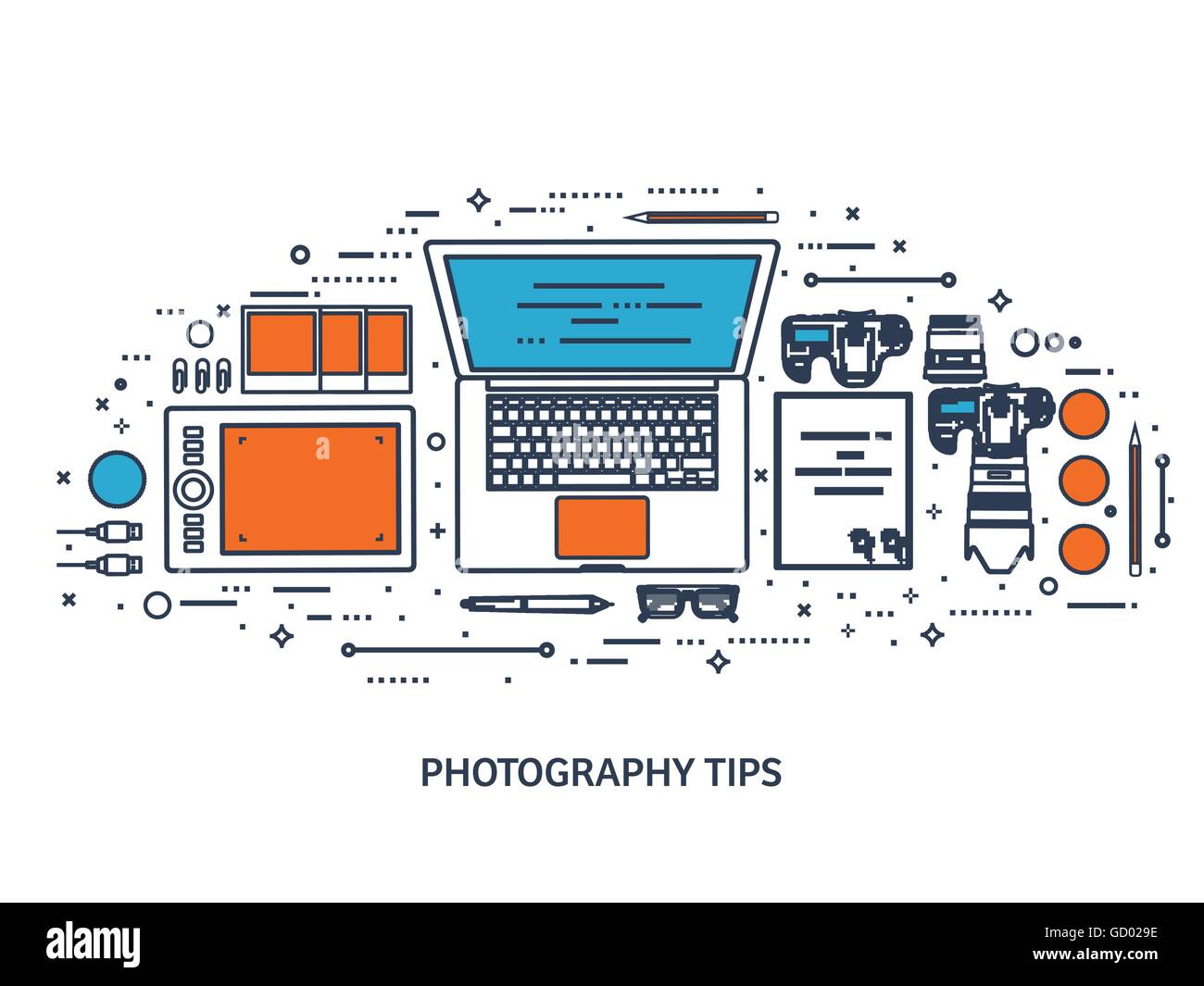 Photographer equipment on a table. Photography tools, photo editing ...