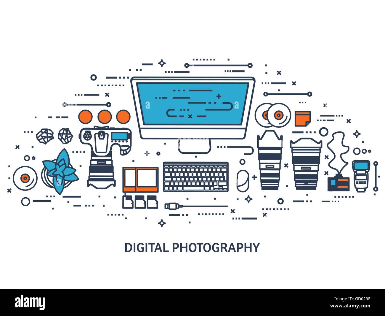 Photographer equipment on a table. Photography tools, photo editing ...