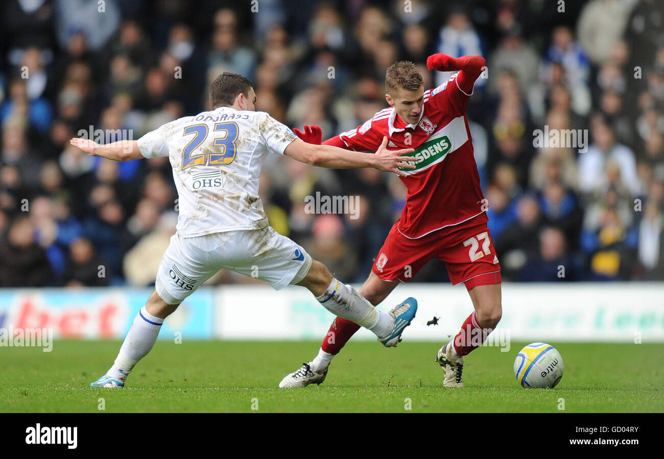 Leeds United's Robert Snodgrass (left) and Middlesbrough's Joe Bennett ...