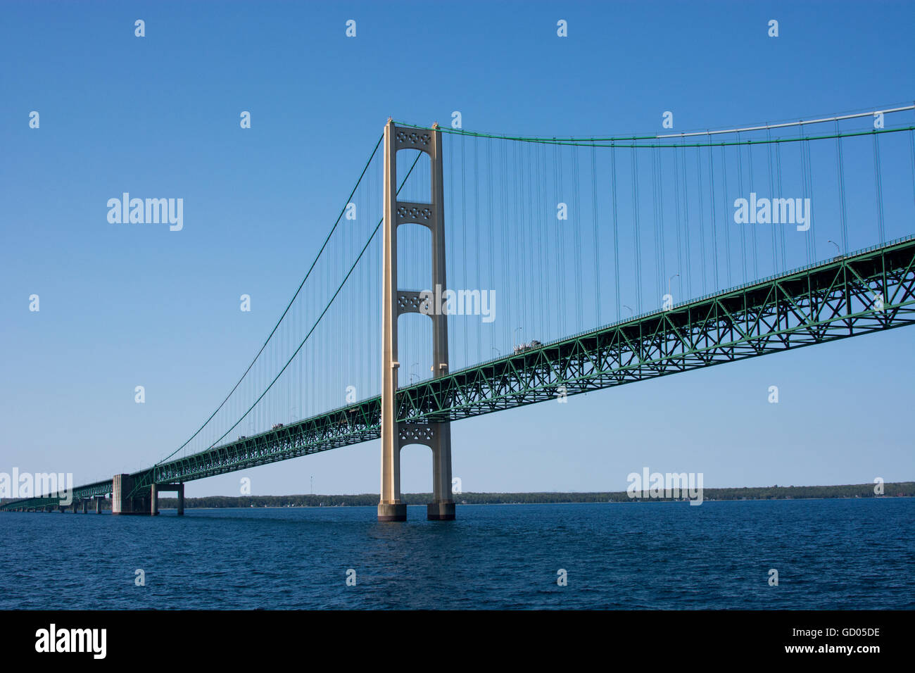 Michigan, Lake Michigan, Mackinac Bridge. Suspension bridge spanning ...