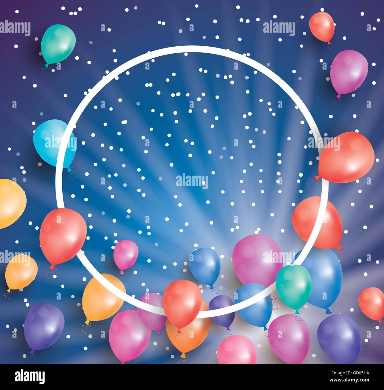 Holiday card with flying balloons and white frame. Vector illustration ...