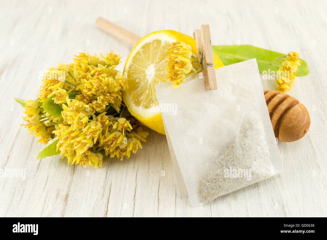 Linden Tea beg with fresh flowers and lemon Stock Photo - Alamy
