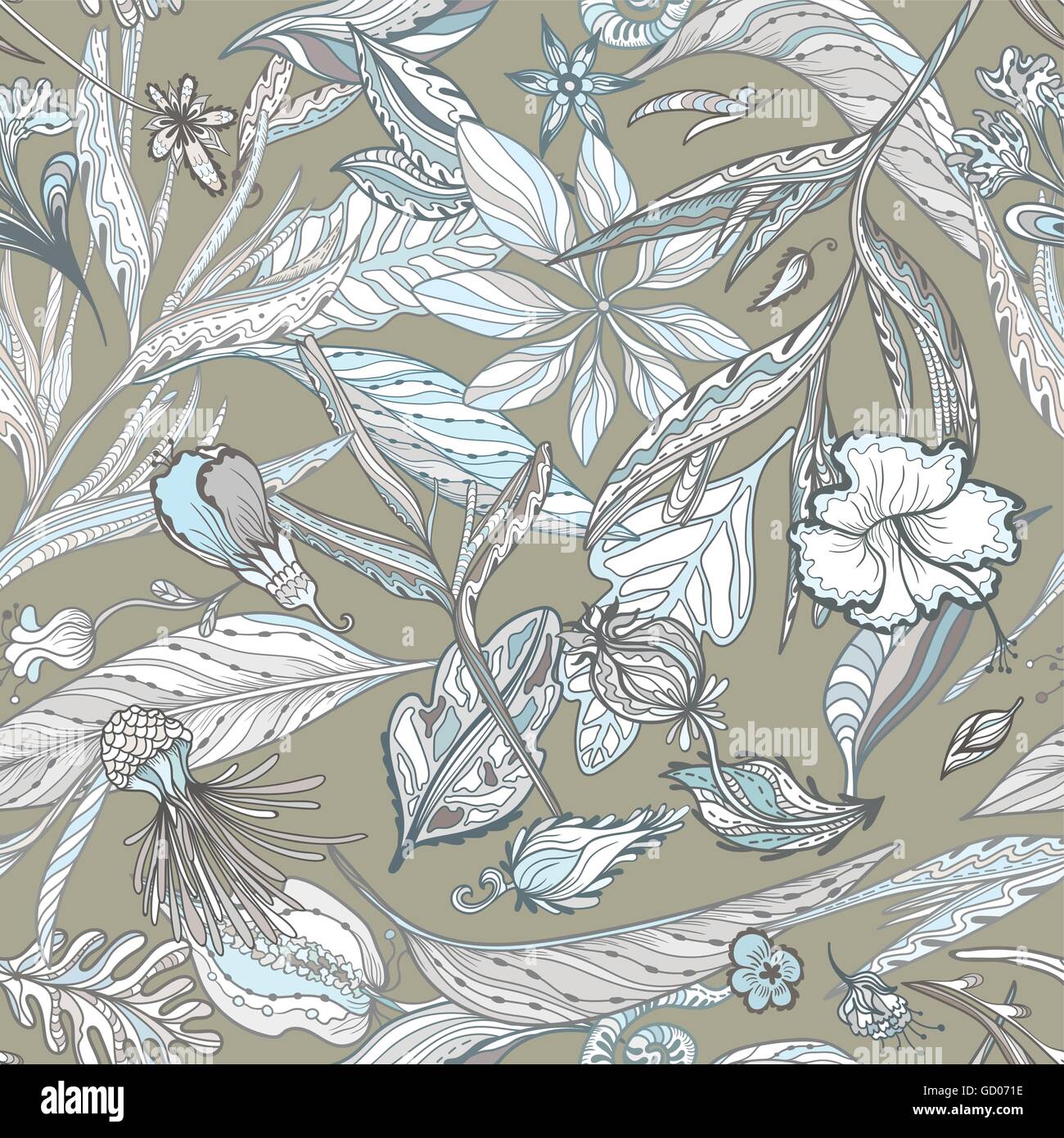 Seamless texture with exotic eastern leaves and flowers in white, brown ...
