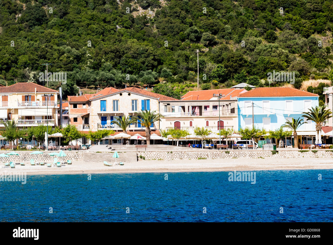 Colorful View of Poros Town Beach, Promenade and Main Street from the ...