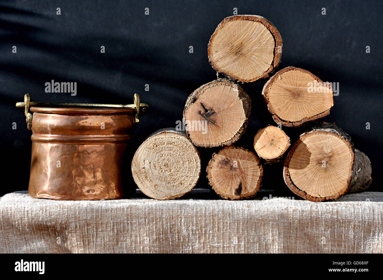 copper cauldron and cut logs Stock Photo - Alamy