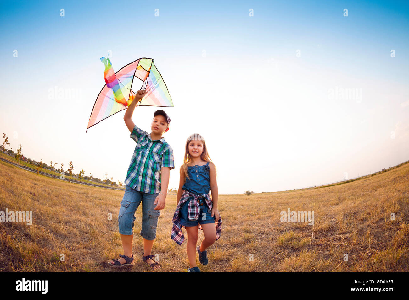 Happy little children playing with flying kite on the summer field ...