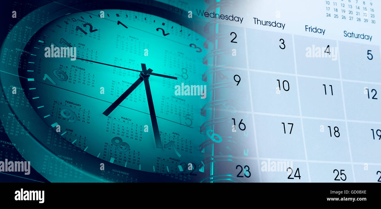Clock face and calendars composite Stock Photo - Alamy