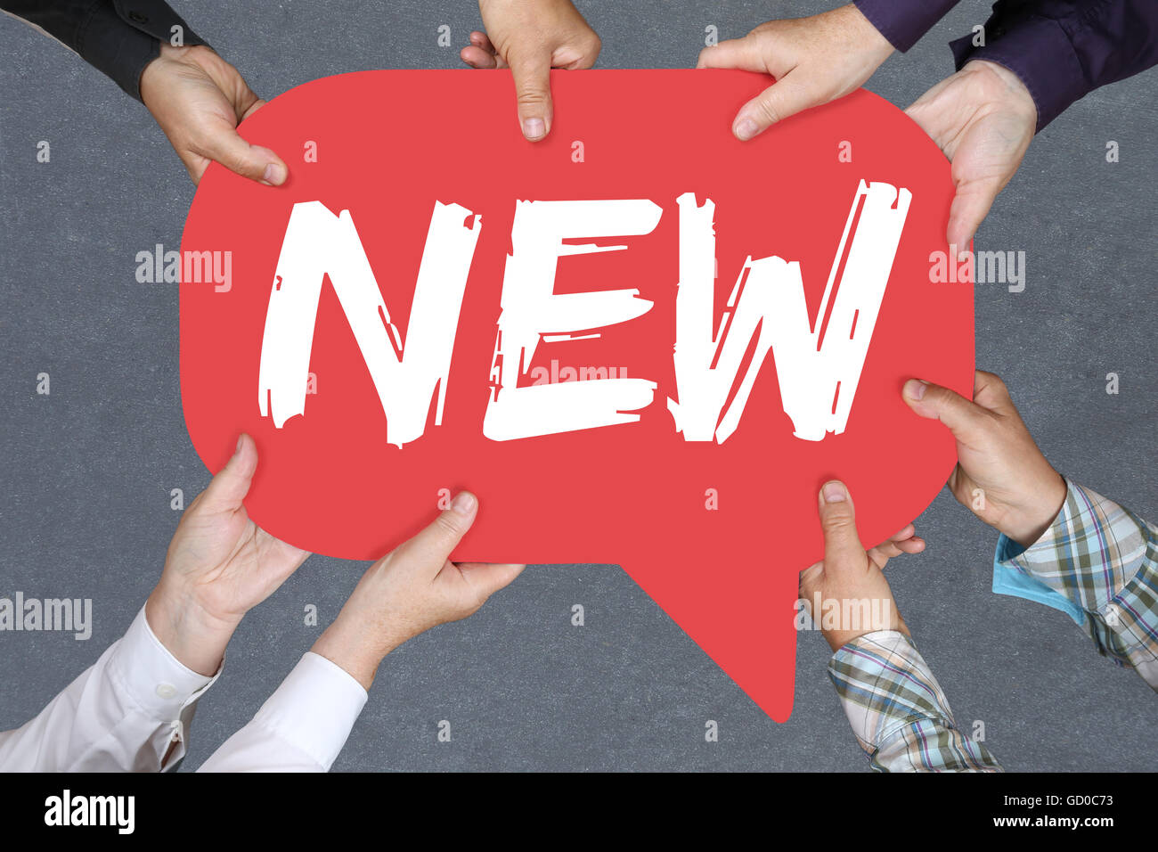 Group of people holding with hands the word new promotion information ...