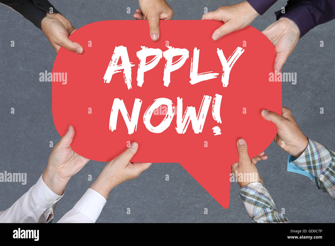 Group of people holding with hands the word apply now jobs, job working ...
