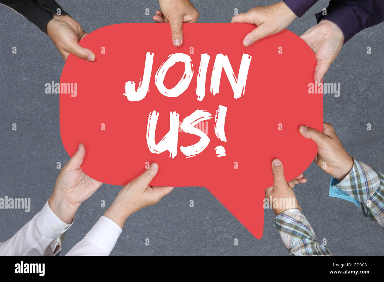 Group of people holding with hands the word Join us participate ...