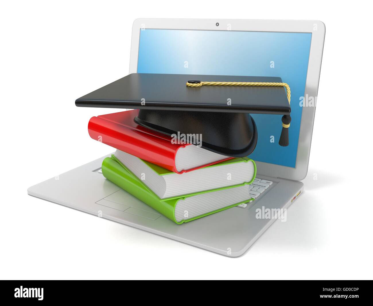Graduation cap and books on laptop. Concept of internet, online ...