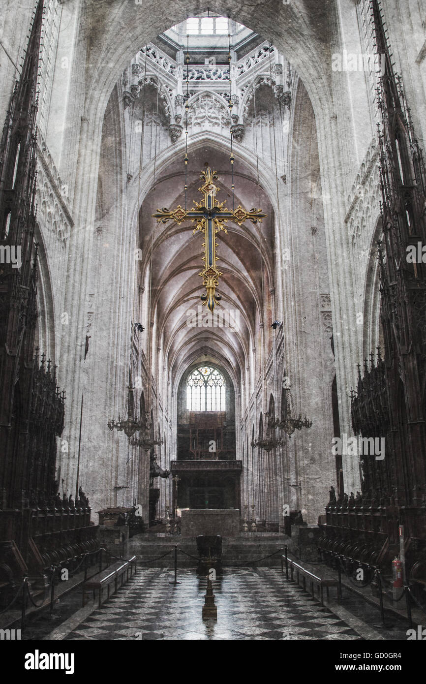 Inside of a creepy old church - Vintage dirty look Stock Photo - Alamy