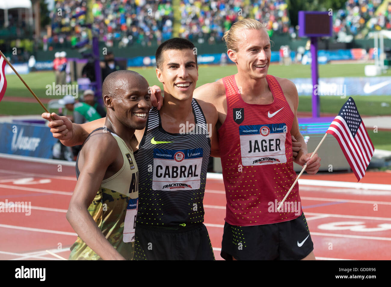 Eugene, USA. 8th July, 2016. Top three runners Evan Jager, Hillary Bor ...