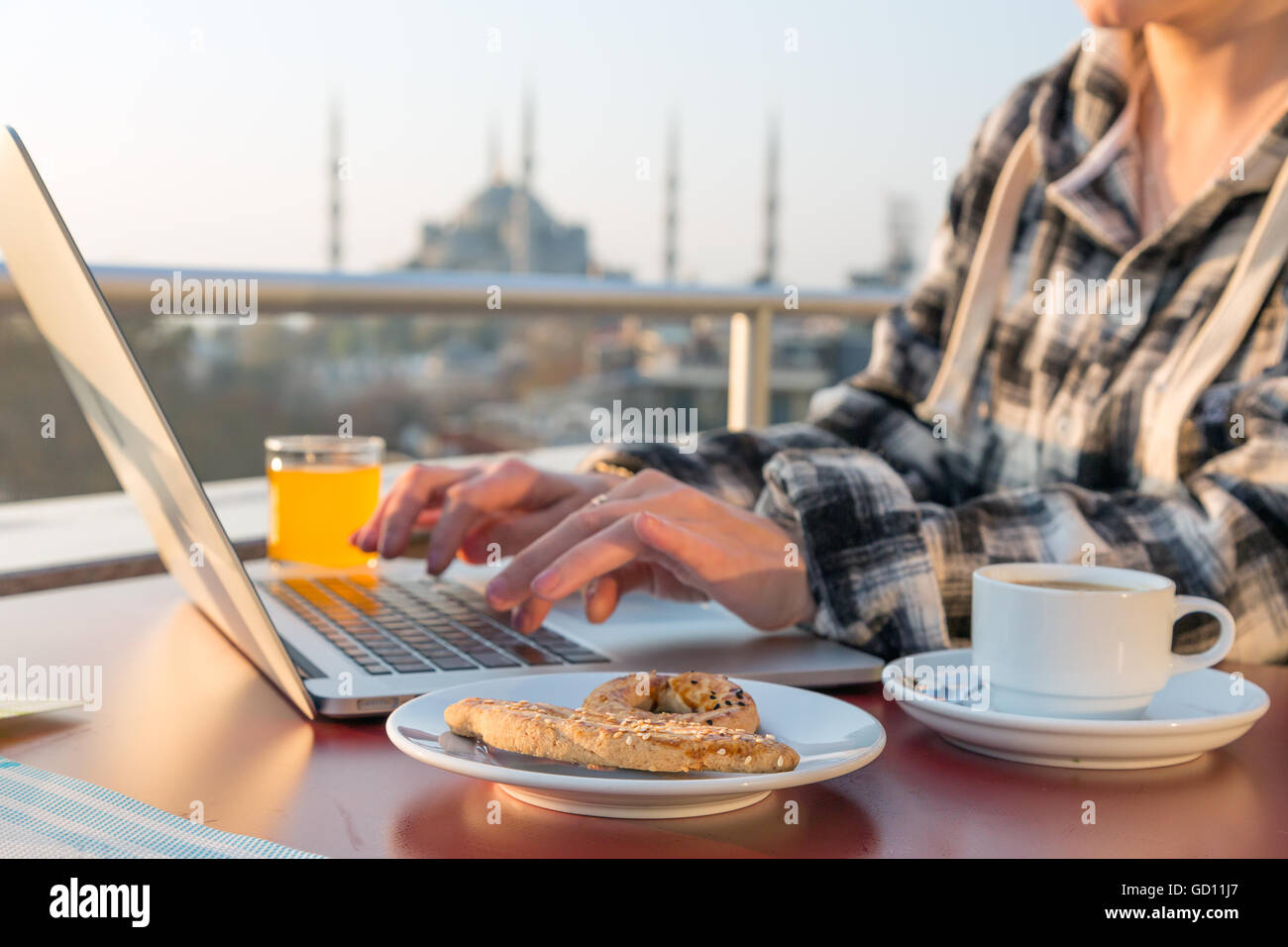Working Breakfast Person Working on Laptop at Cafe Terrace Stock Photo ...