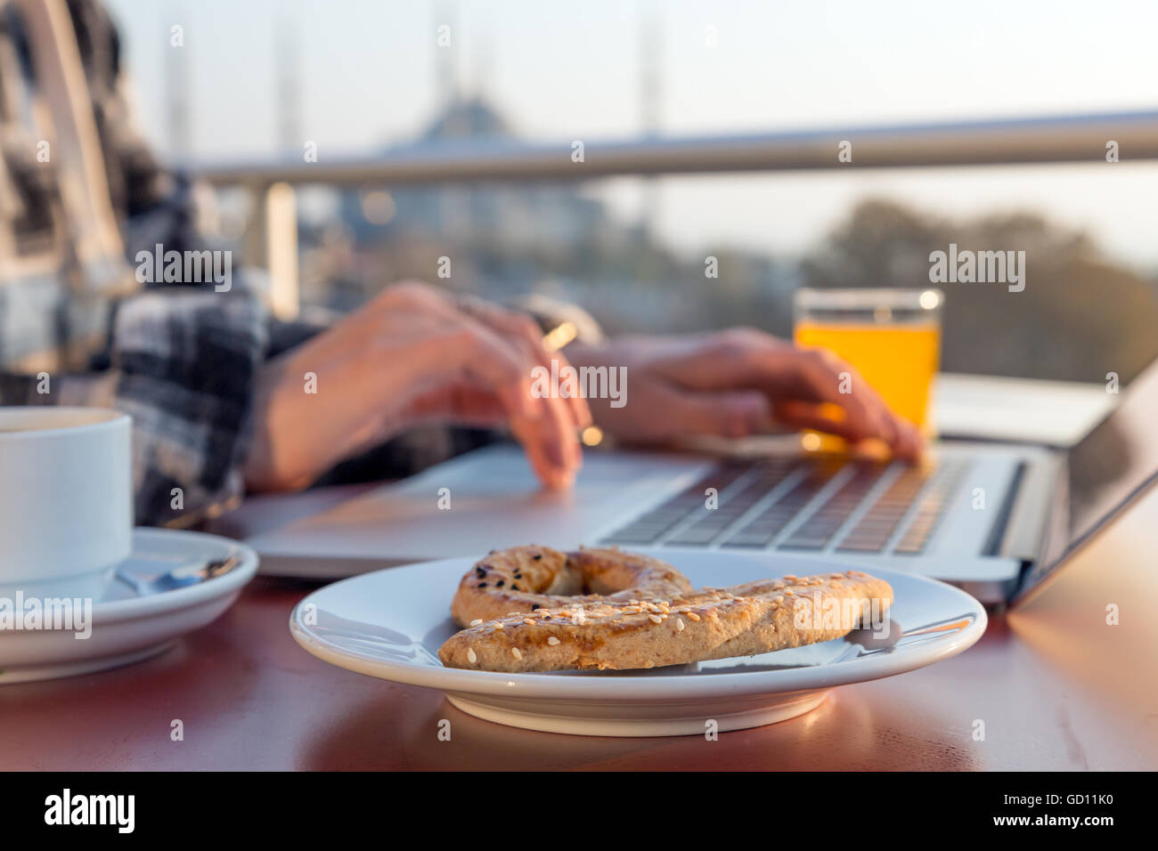 Working Breakfast Person Working on Laptop at Cafe Terrace Stock Photo ...