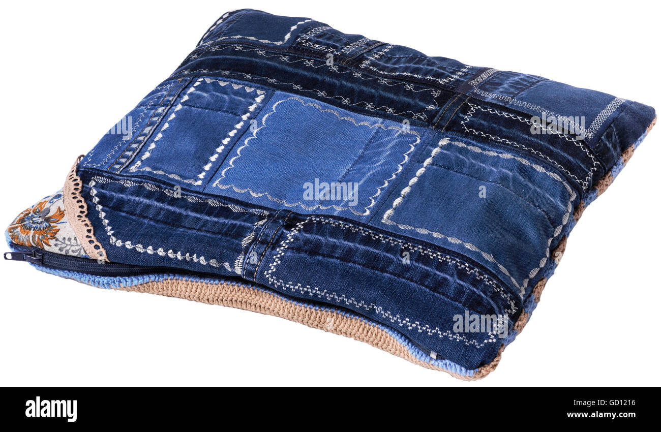 Handmade denim cushion on white background Stock Photo - Alamy