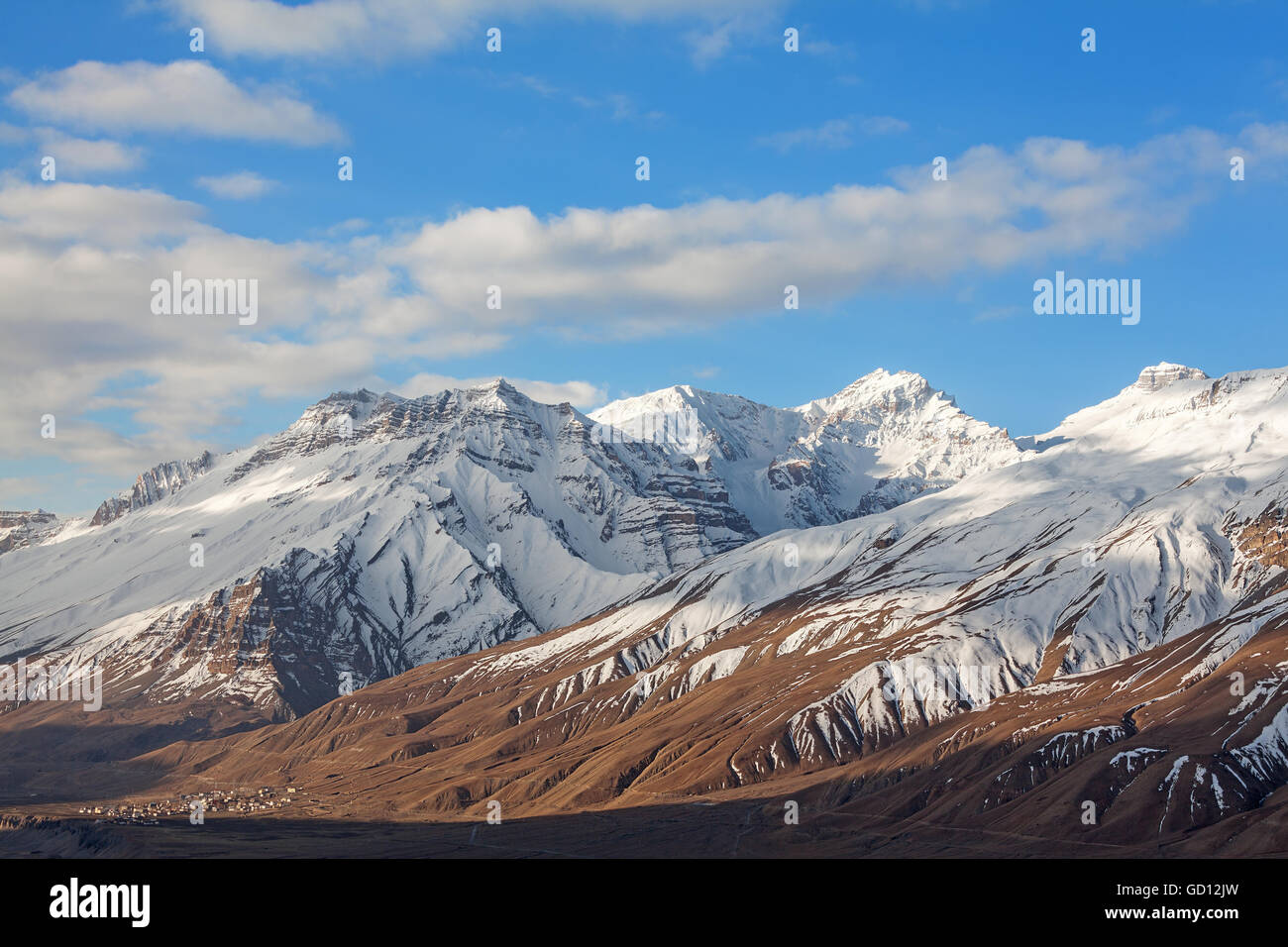 Tibetan village in the upper of Spiti valley, at the foot of the sacred ...