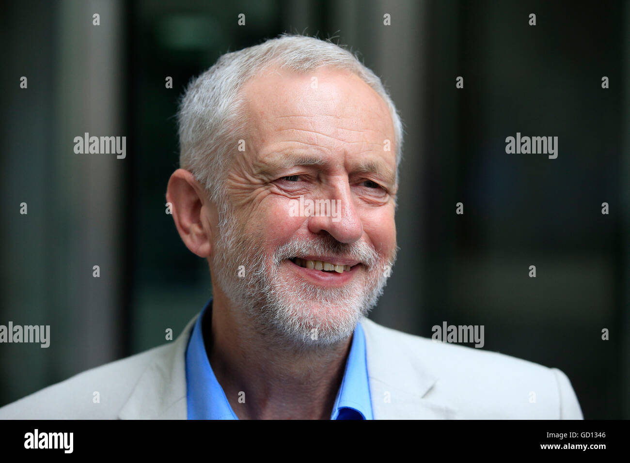 Labour Party leader Jeremy Corbyn smiles as he leaves BBC Broadcasting ...