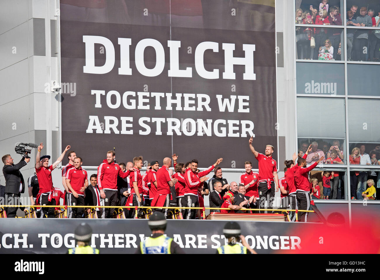 The Welsh Football team arrive back at the Cardiff City Stadium this ...