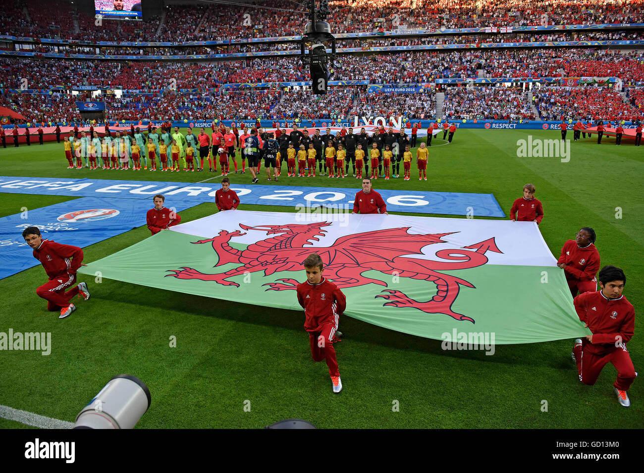 The Welsh Dragon flag is displayed in front of the Welsh football team ...