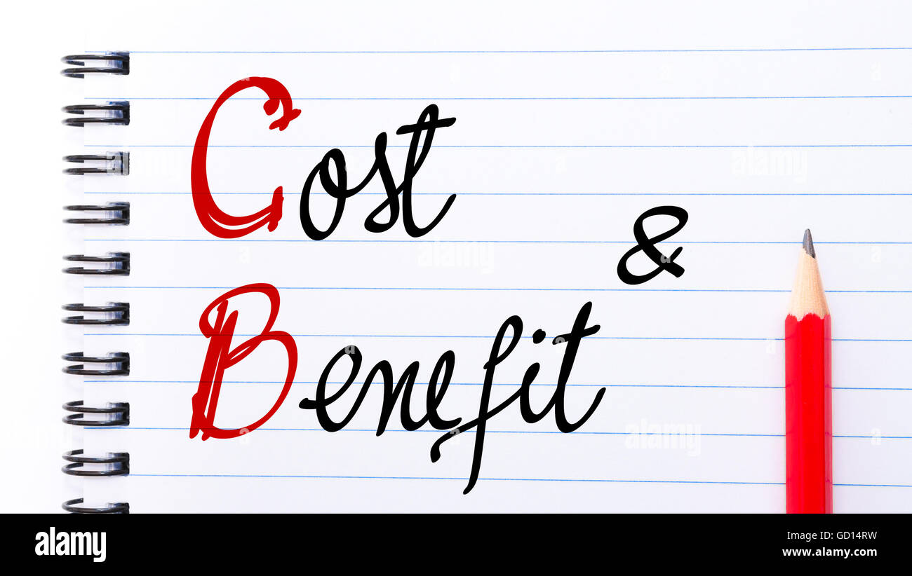 CB Cost Benefit written on notebook page with red pencil on the right ...