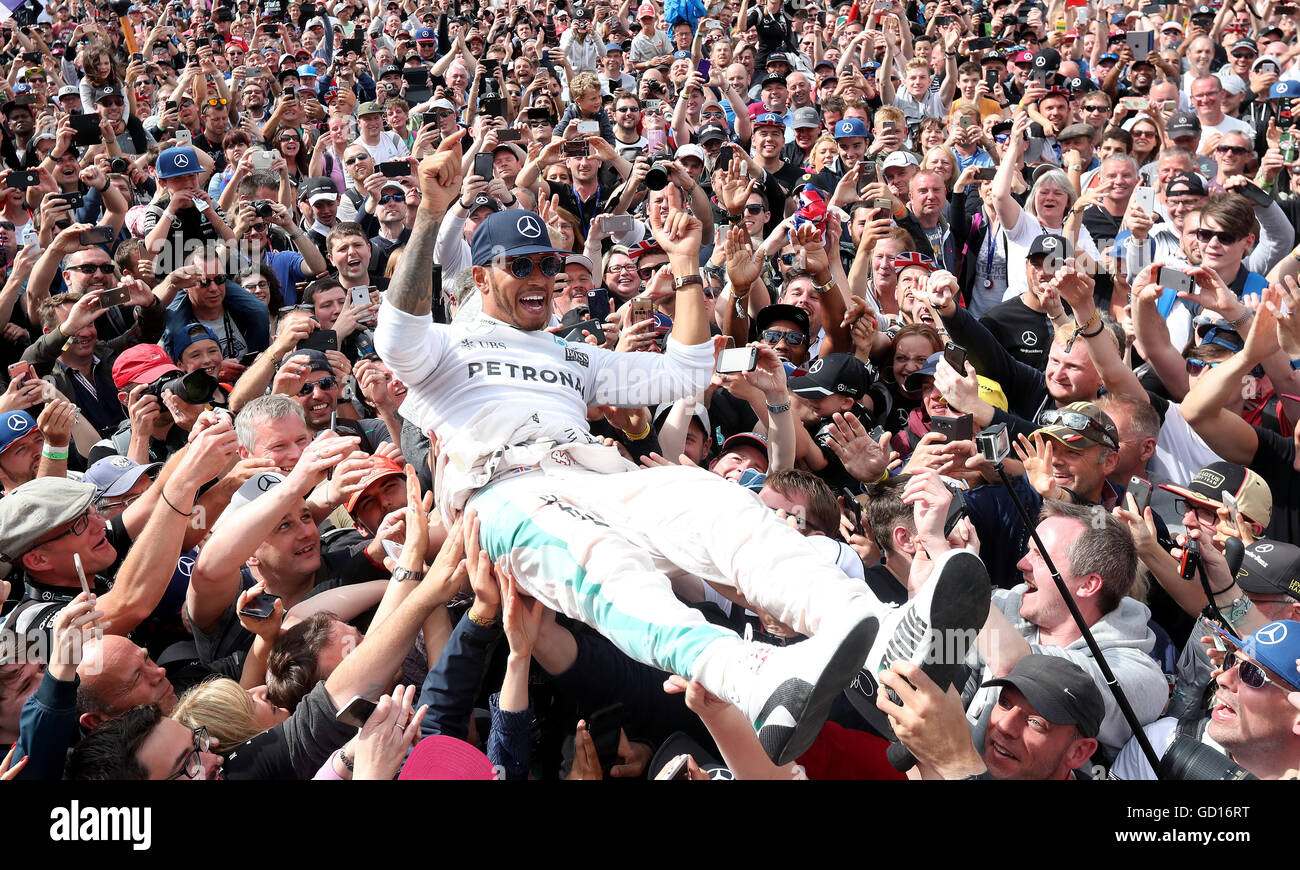 Mercedes Lewis Hamilton celebrates his victory with the crowd during ...