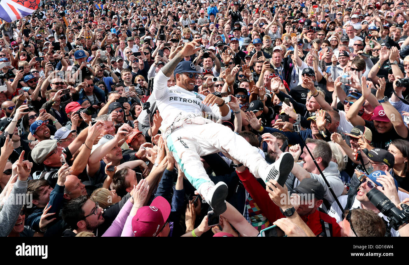 Mercedes Lewis Hamilton celebrates his victory with the crowd during ...