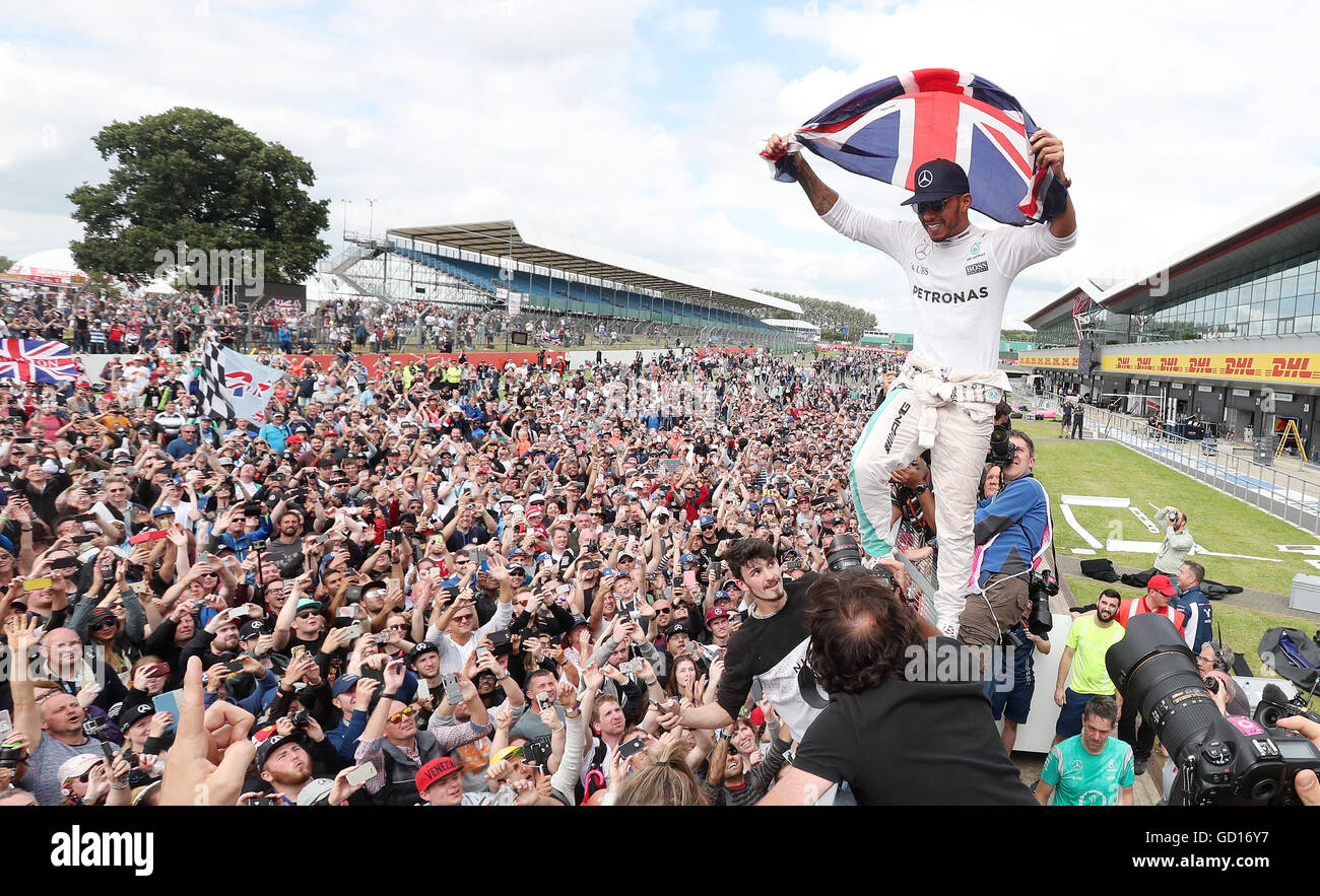 Mercedes Lewis Hamilton celebrates his victory with the crowd after ...