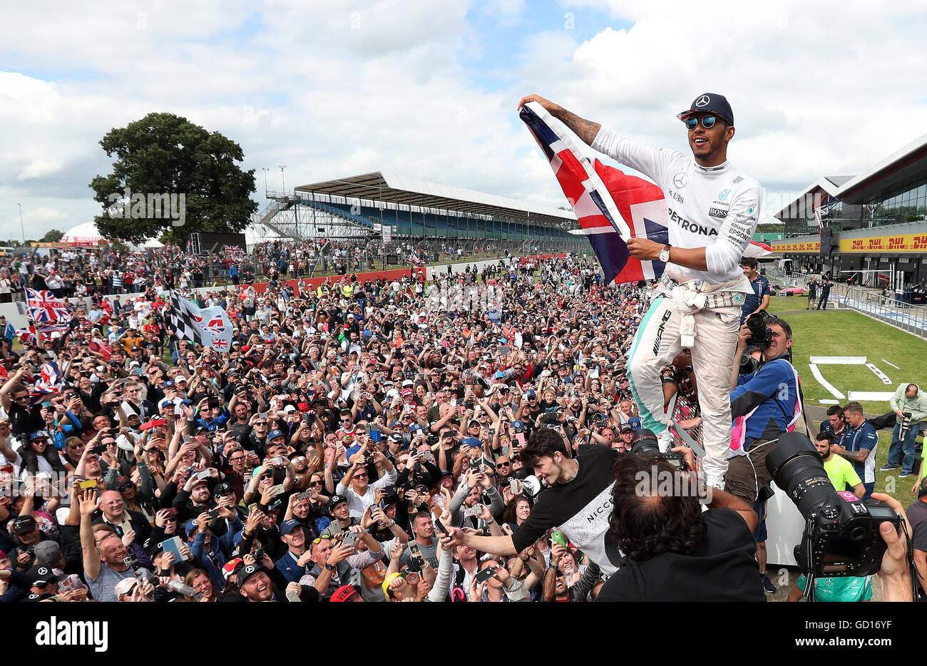 Mercedes Lewis Hamilton celebrates his victory with the crowd after ...