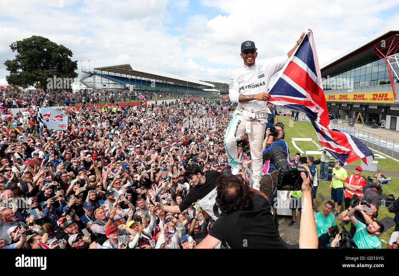 Mercedes Lewis Hamilton celebrates his victory with the crowd after ...