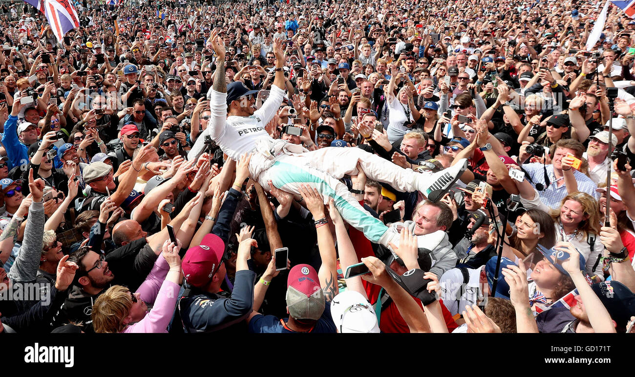 Mercedes Lewis Hamilton celebrates his victory with the crowd after ...