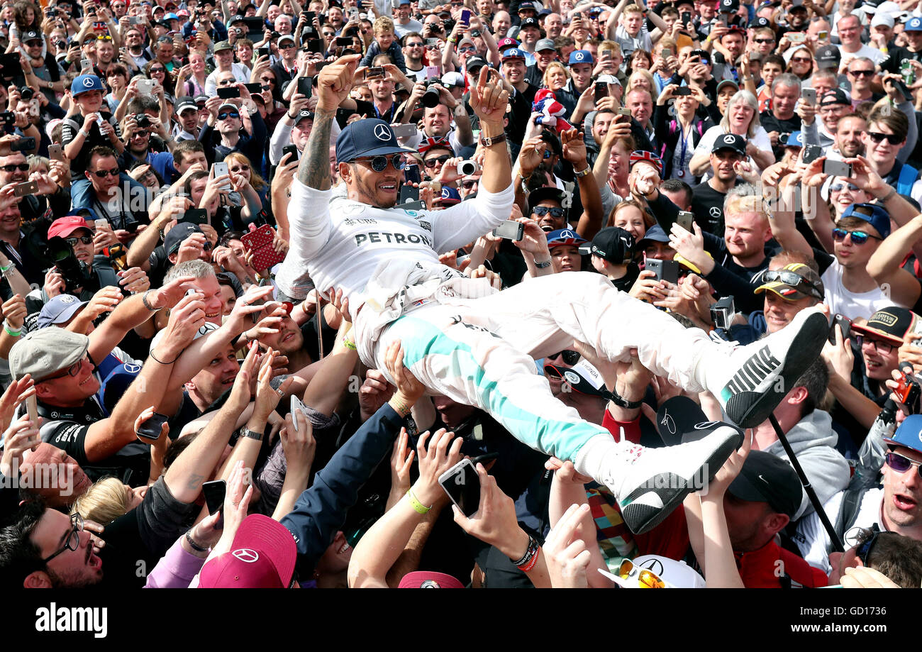 Mercedes Lewis Hamilton celebrates his victory with the crowd after ...