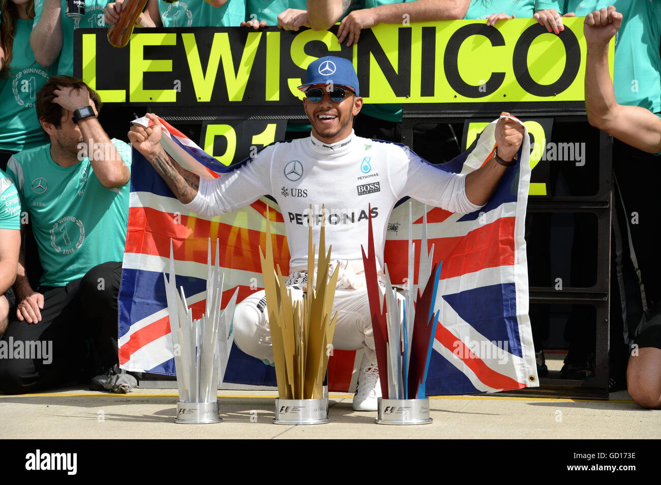 Mercedes' Lewis Hamilton celebrates winning the 2016 British Grand Prix ...