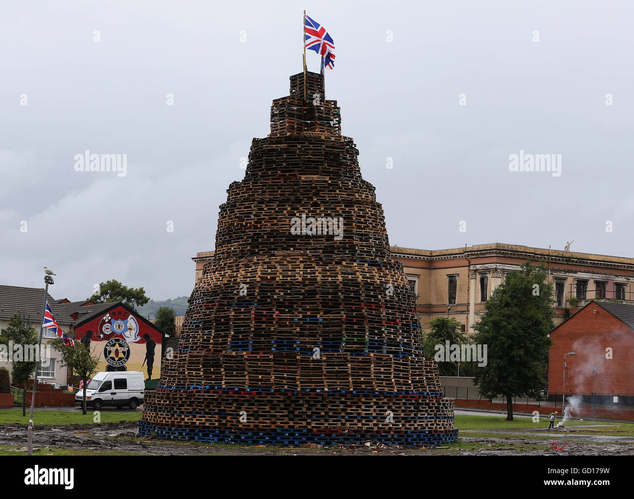 A completed bonfire in the Hopewell area in the Lower Shankill, Belfast ...